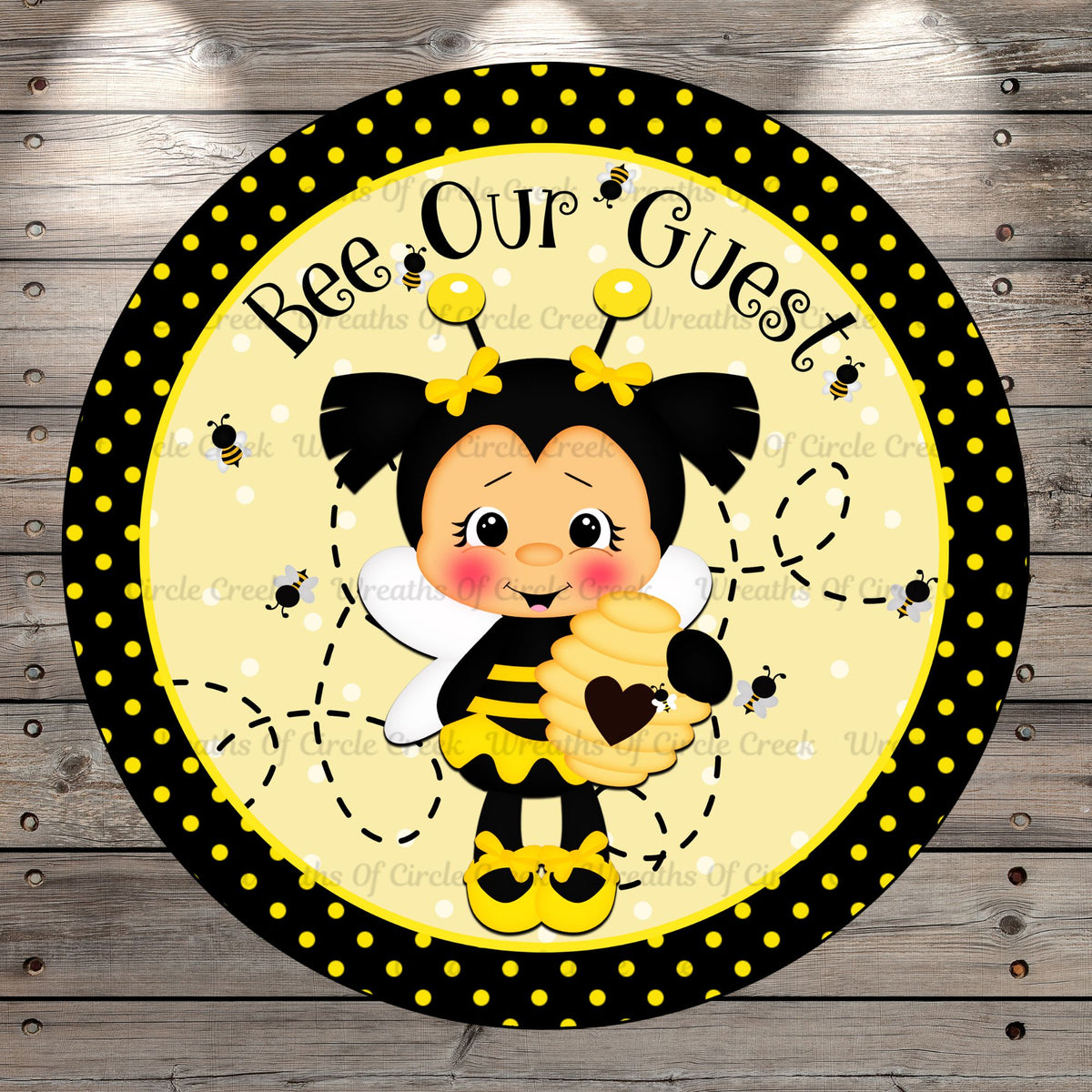 Cute Honey Bee, Bee Our Guest, Polka Dots, Light Weight, Round Metal W ...