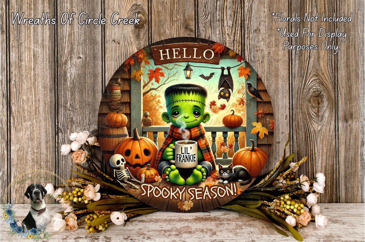 Hello Spooky Season Wreath Sign | Lil’ Frankie Green Monster w Pumpkin ...