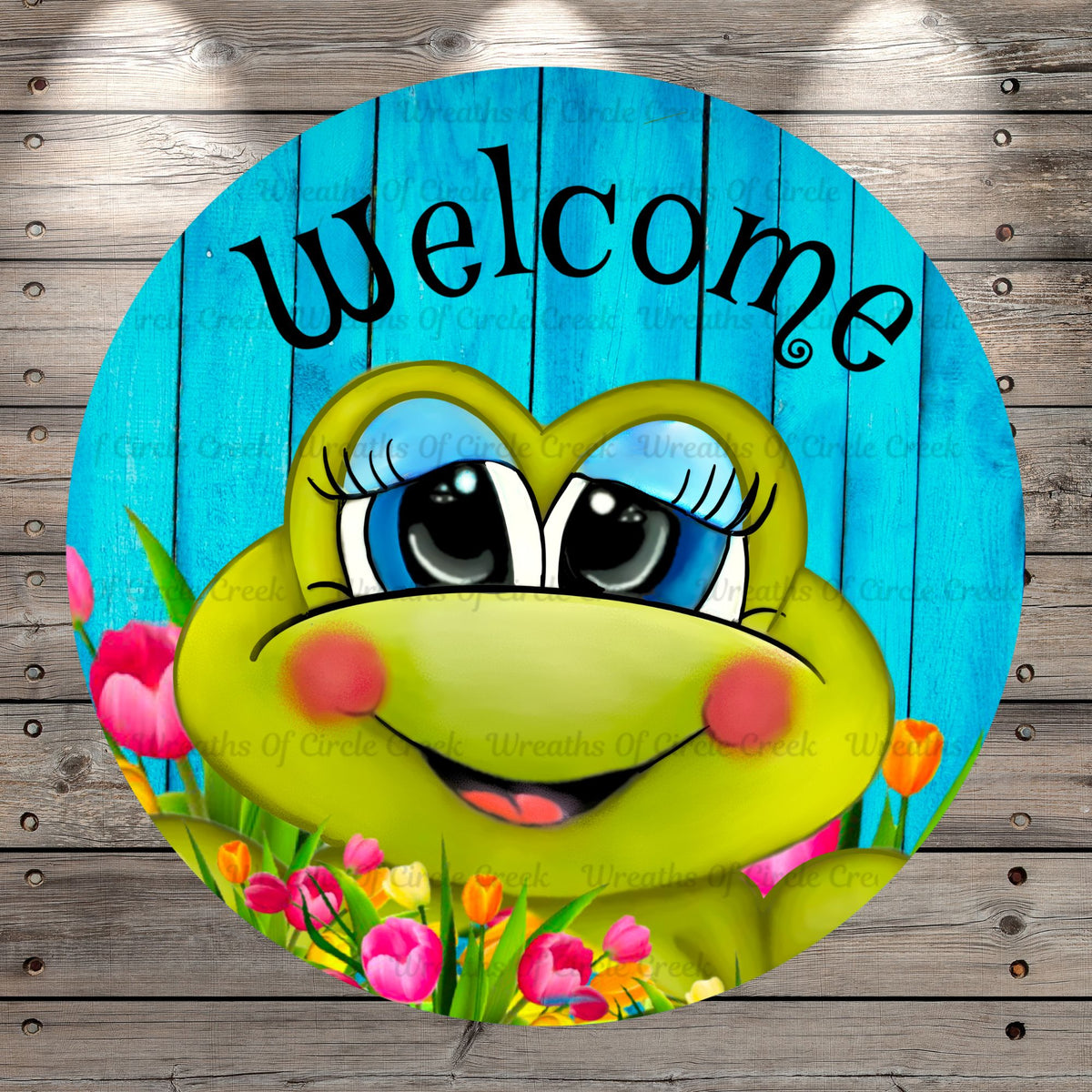 Cute Frog Face, Welcome, Tulips, Round Light Weight, Metal Wreath Sign ...