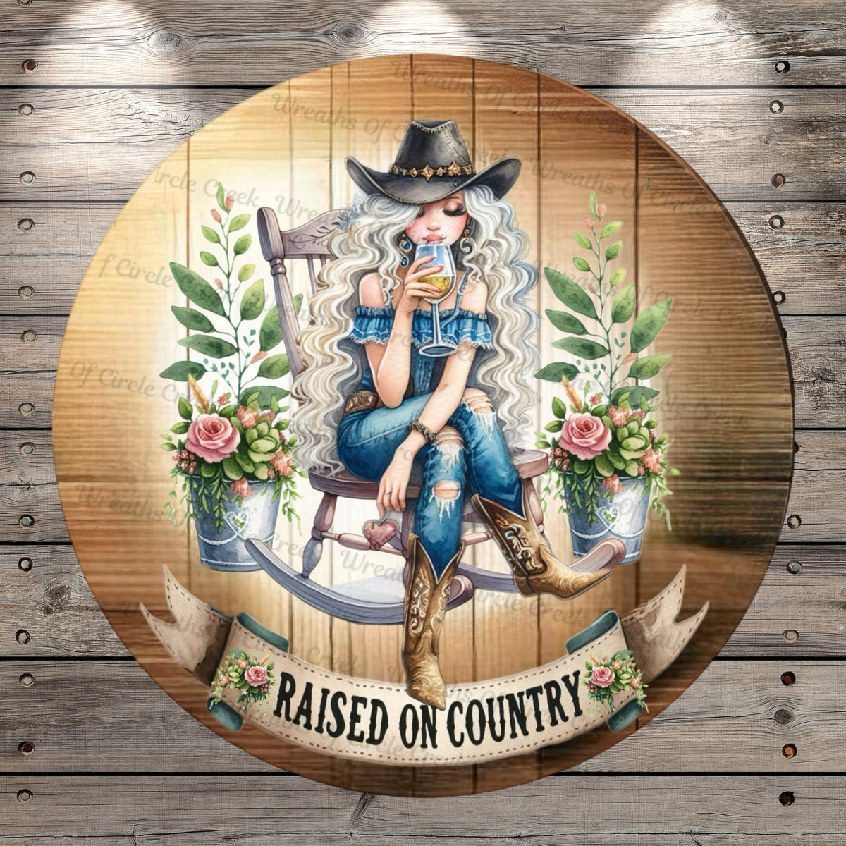Cowgirl, Raised On Country, Pink Roses, Round, Light Weight, Metal Wre ...
