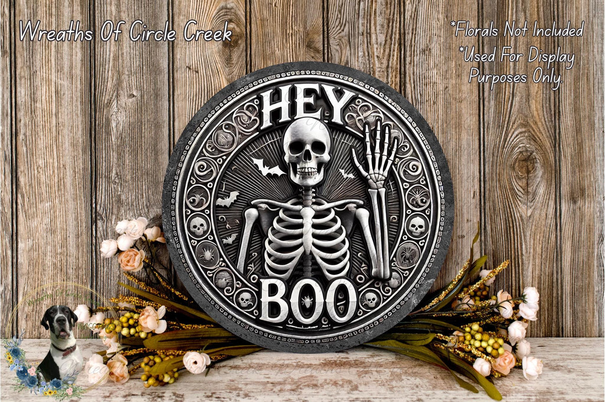 Hey Boo Skeleton Sign | Lightweight Round Metal Wreath Sign | Hallowee ...