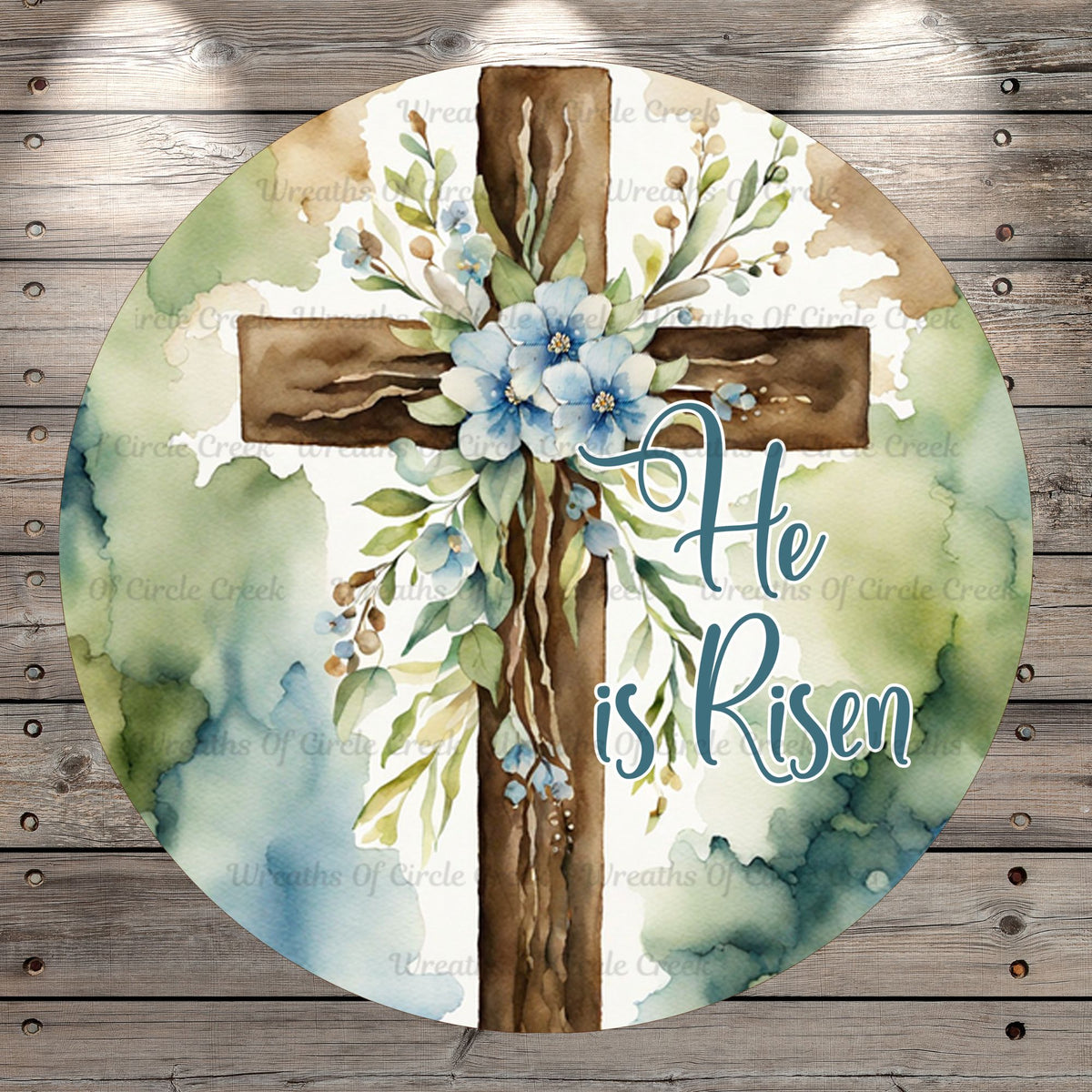 Rustic Cross, He Is Risen, Blue Florals, Watercolor, Spiritual, Round ...