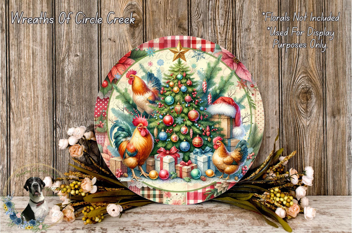 Farmhouse Chicken Christmas Sign | Lightweight Round Metal Wreath Sign ...