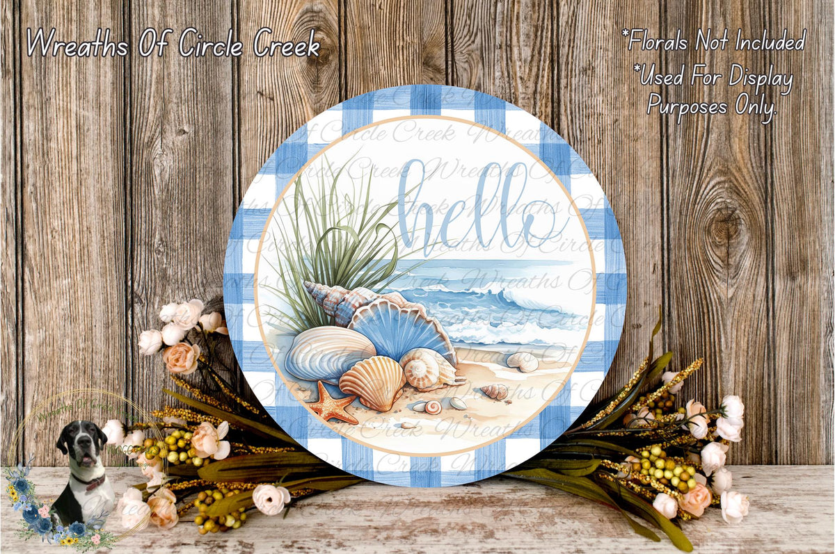 Hello Seashell Beach Sign | Lightweight Round Metal Wreath Sign | No H ...