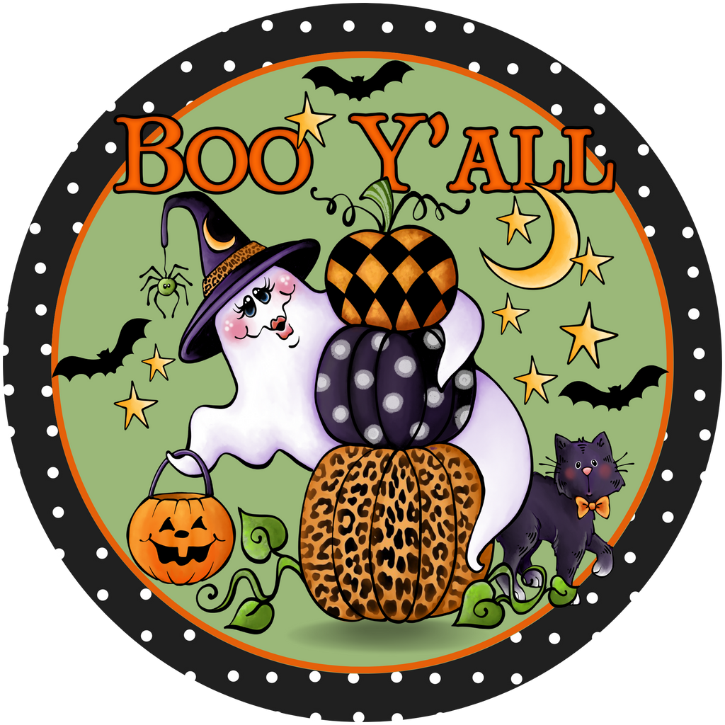 Boo Y'all Ghost, Polka Dot, Border, Round UV Coated, Metal Sign, No Ho ...